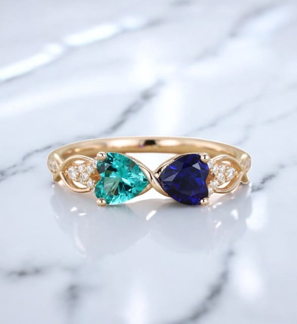 Blue Sapphire Aquamarine Ring 2 Stones Toi Et Moi 2 Heart Shape Ring ...