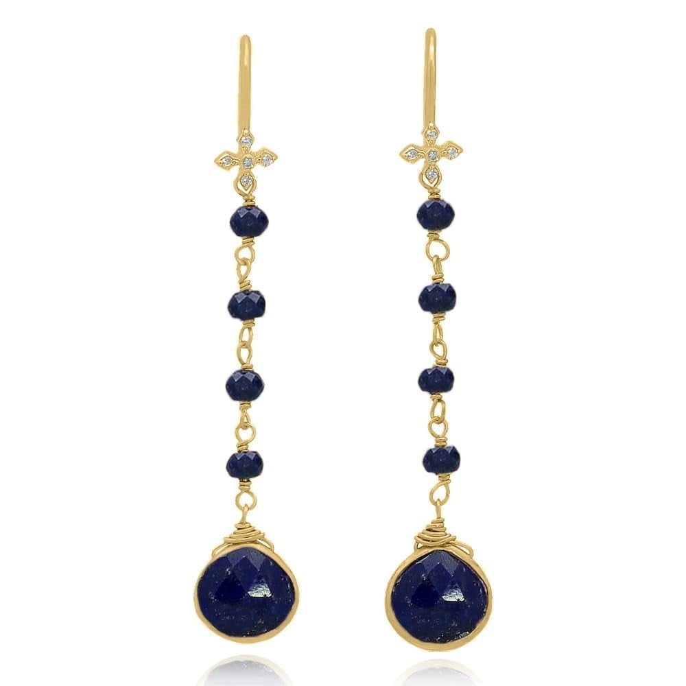 Blue Sapphire Beaded Long Chain Earrings - 925 Sterling Silver 18K Gold ...