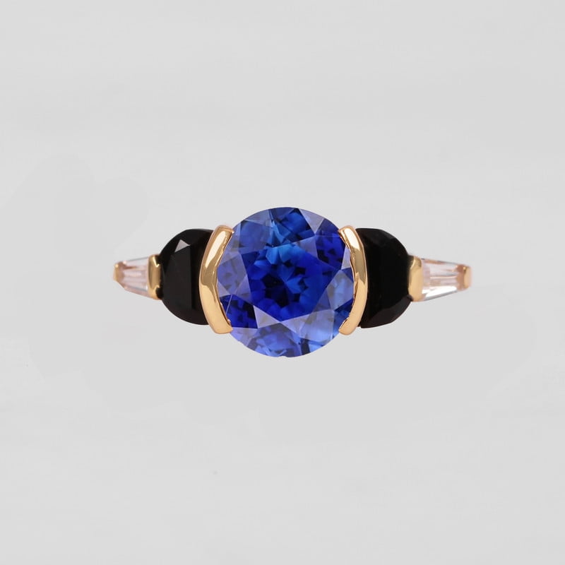 Blue Sapphire, Black Onyx & Tapper Baguette Diamond Ring, Five Gemstone ...