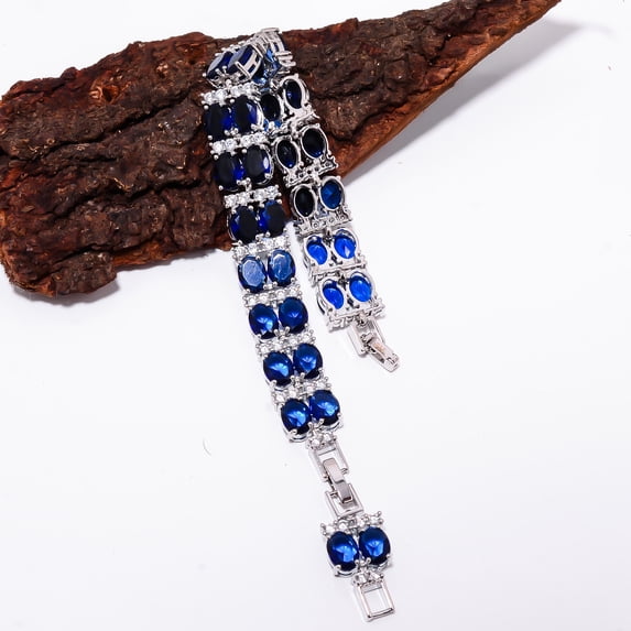 Blue Sapphire, CZ 925 Sterling Silver Adjustable Tennis Bracelet 7-8 ...