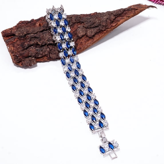 Blue Sapphire, CZ 925 Sterling Silver Adjustable Tennis Bracelet 7-8 ...