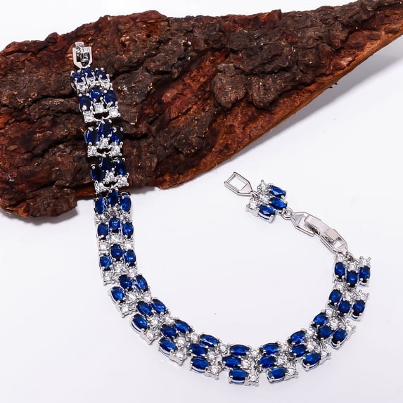 Blue Sapphire, CZ 925 Sterling Silver Adjustable Tennis Bracelet 7-8 ...