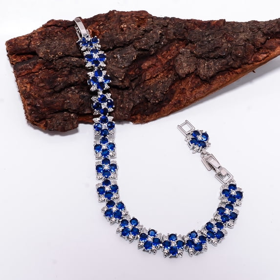 Blue Sapphire, CZ 925 Sterling Silver Adjustable Tennis Bracelet 7-8 ...