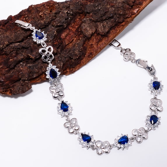 Blue Sapphire, CZ 925 Sterling Silver Adjustable Tennis Bracelet 7-8 ...