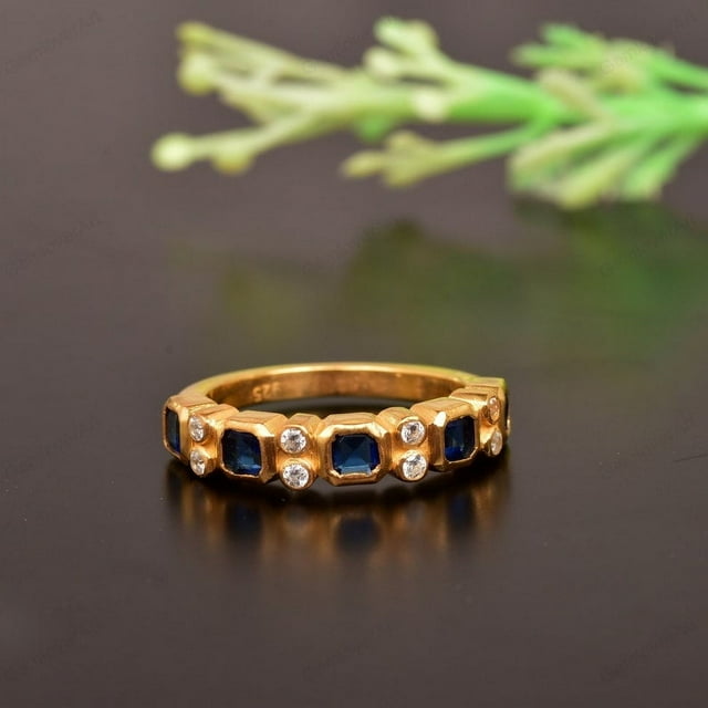 Blue Sapphire & CZ Diamond Engagement Ring 14k Solid Yellow Gold ...