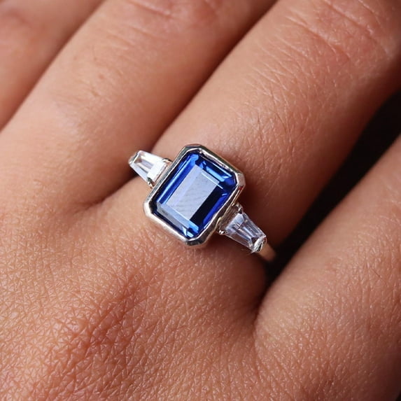 Blue Sapphire CZ Ring, Promise Ring, Halo Engagement Ring, 925 Sterling ...