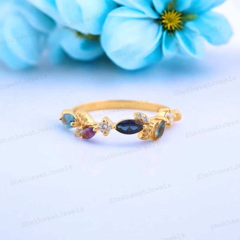 Blue Sapphire Cluster Gemstone Leaf Ring 14K Yellow Gold Engagement ...
