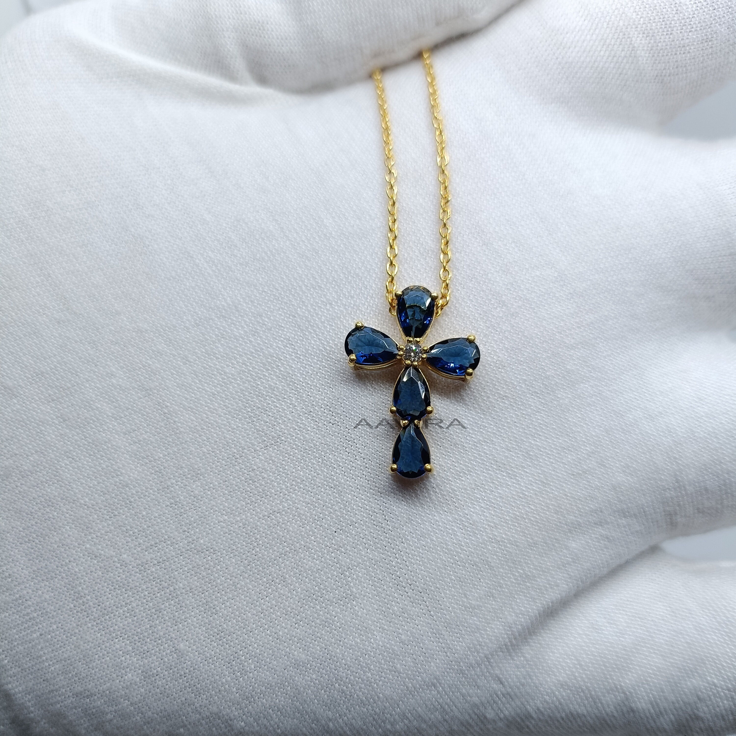 Blue Sapphire Cross Necklace, September Birthstone Pendant, 14K Yellow ...