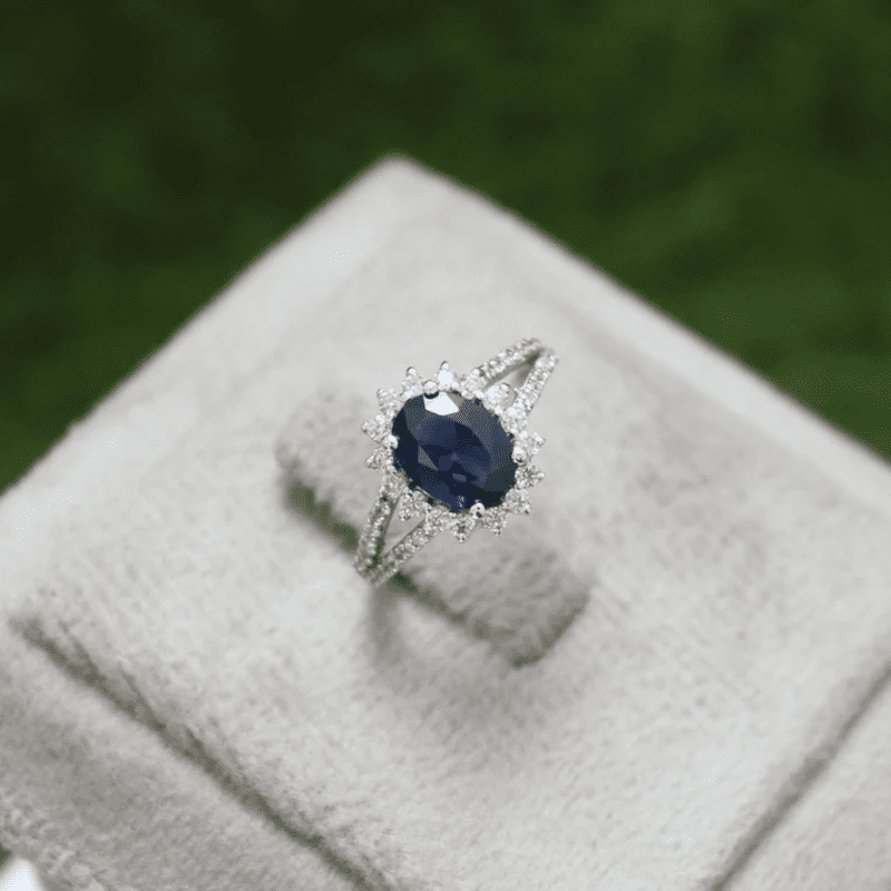 Blue Sapphire & Diamond Halo Engagement Band Ring in 925 Sterling ...