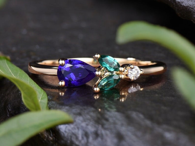 Blue Sapphire Engagement Ring Art Deco Emerald Diamond Cluster Wedding ...