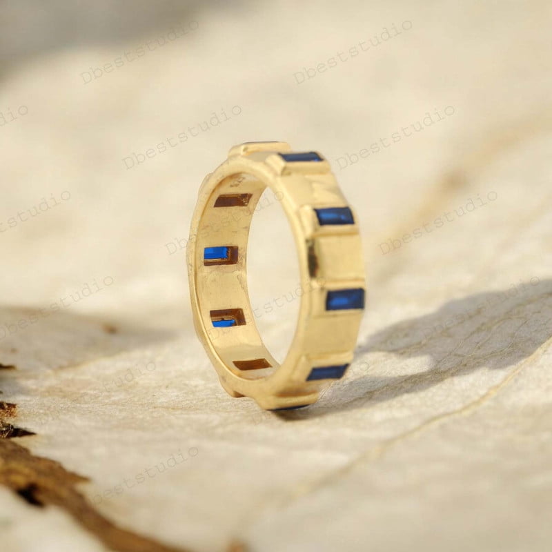 Blue Sapphire Eternity Band Women Matching Anniversary Band Bezel Set ...