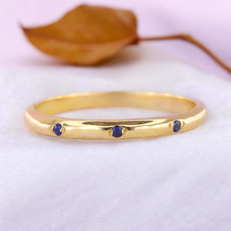 Blue Sapphire Eternity Ring Women Dainty Promise Ring Three Gemstomne ...