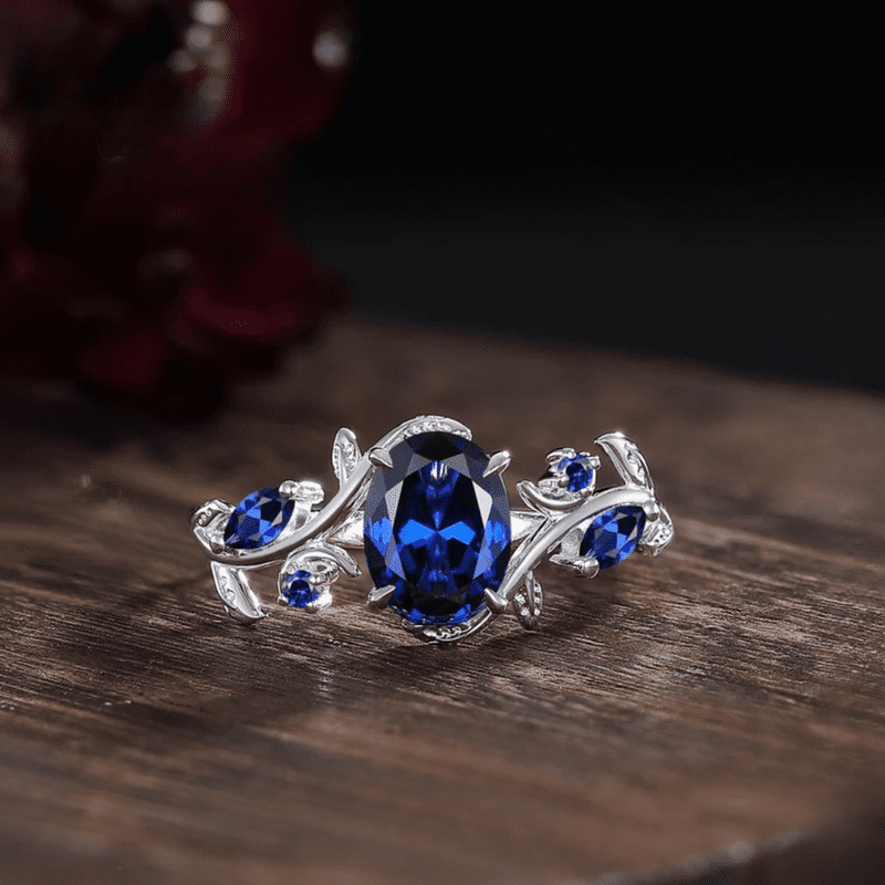 Blue Sapphire Leaf Style Ring in 925 Sterling Silver - Wedding ...