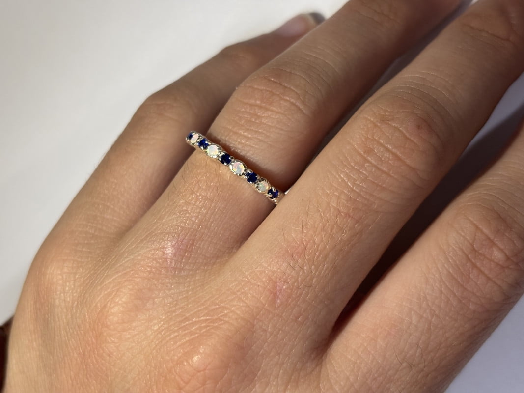 Blue Sapphire & Opal Wedding Band 925 Sterling Silver Dainty Stackinng Ring Half Eternity Blue ...
