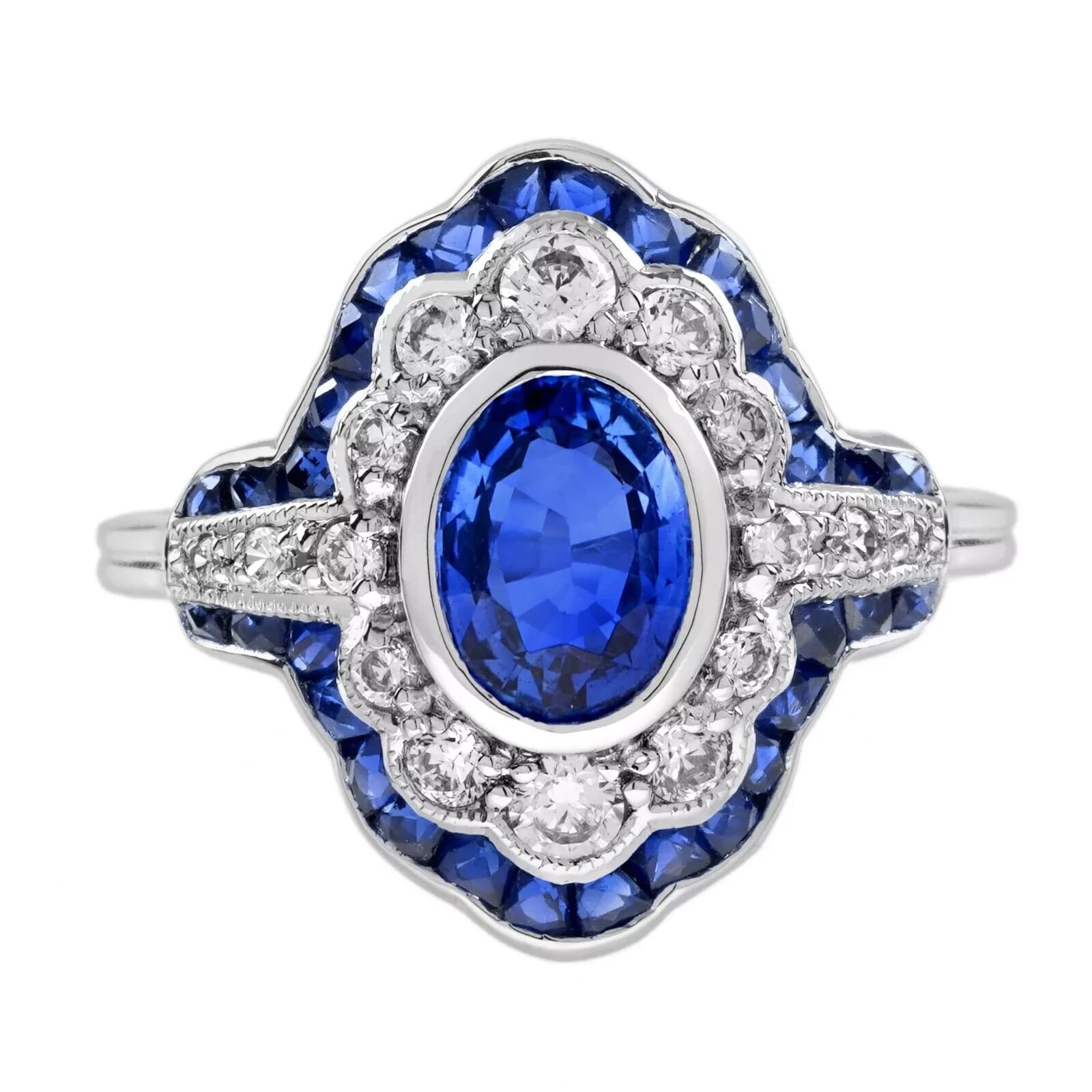 Blue Sapphire Ring, Cluster Set Double Halo Diamond Engagement Ring ...
