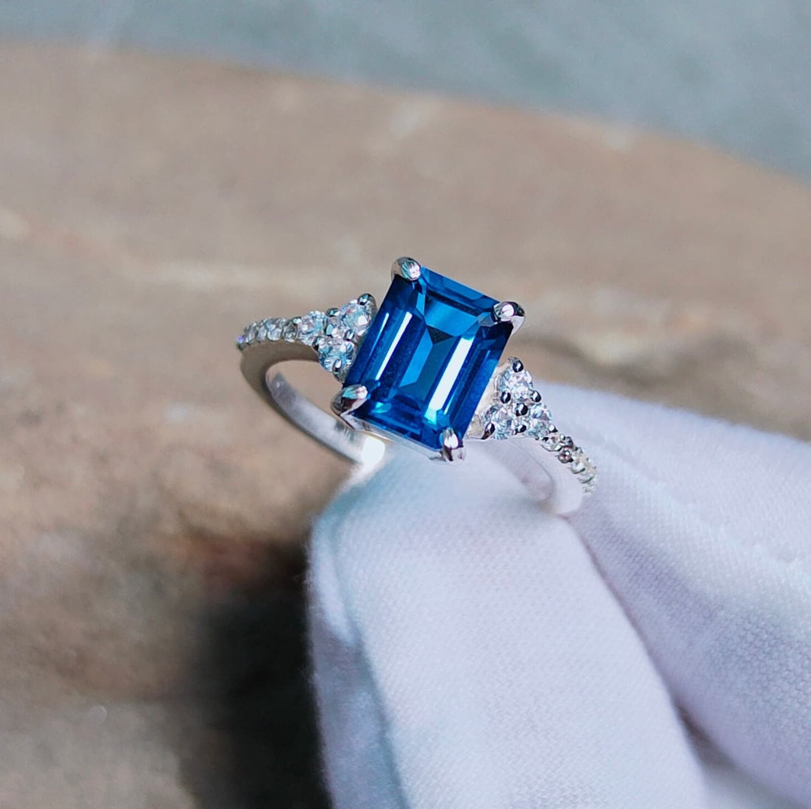 Blue Sapphire Ring, Octagon Cut Blue Sapphire Ring, 925 Sterling Silver ...