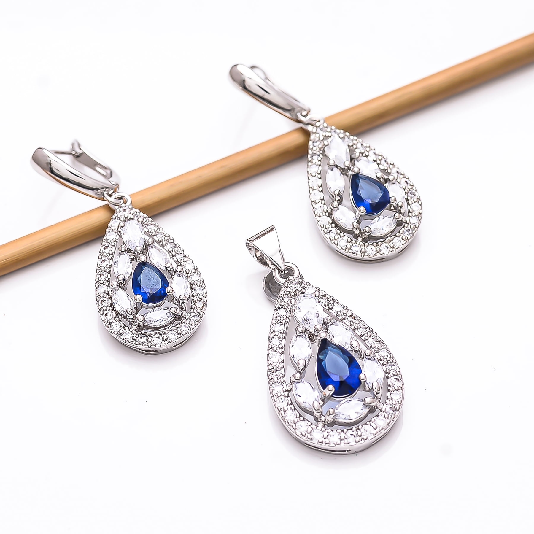 Blue Sapphire Simulated, CZ 925 Silver Platinum Plated Pendant Earring ...