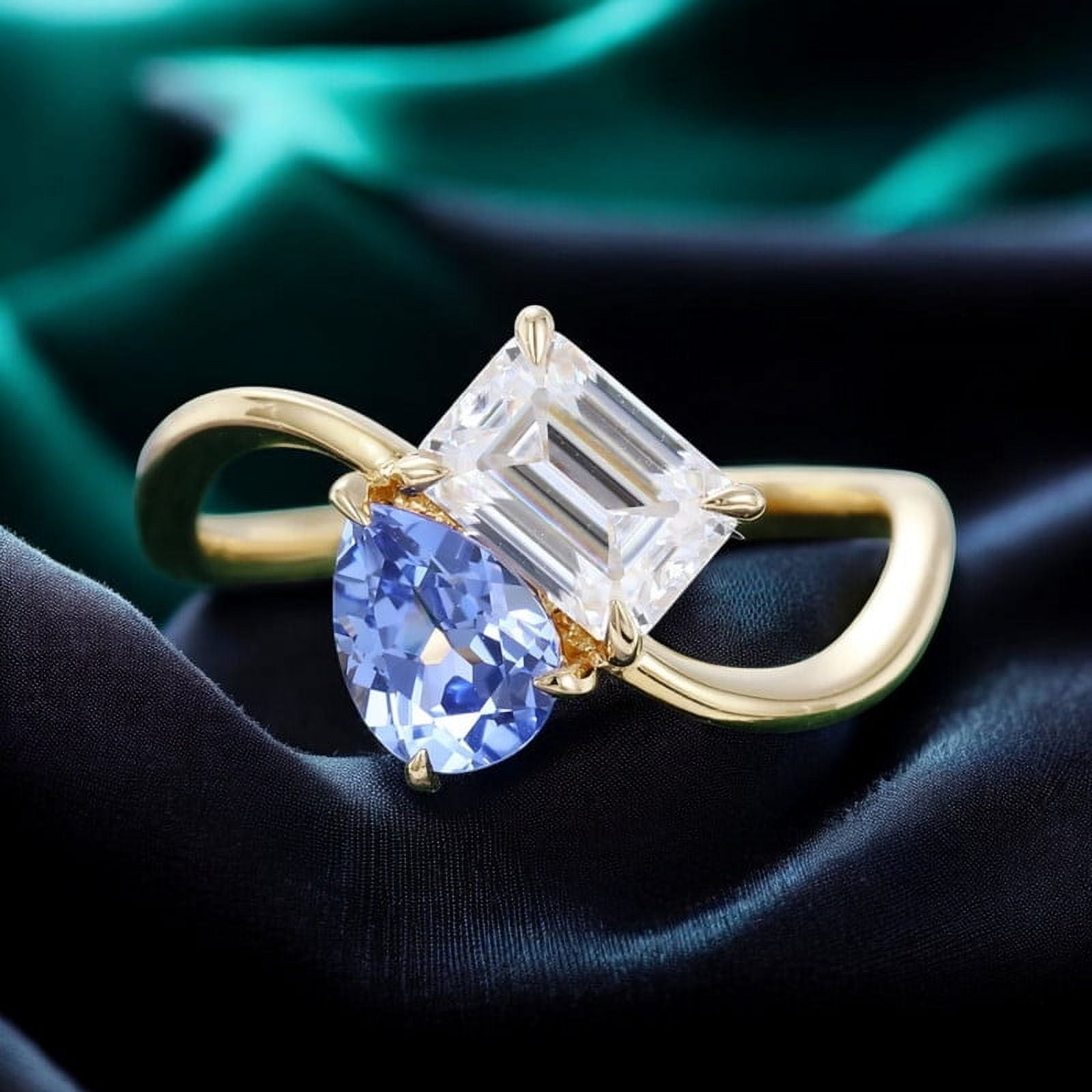 Blue Sapphire & Simulated Diamond Engagement Ring 14K Yellow Gold Plated Blue Gemstone September ...