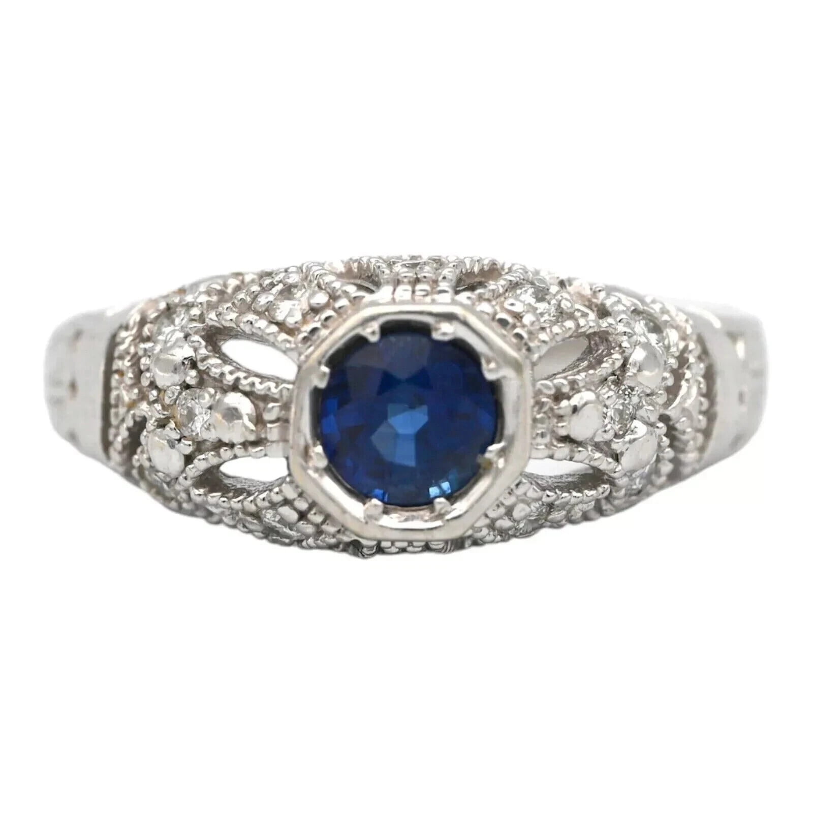 Blue Sapphire Solitaire Diamond Engagement Ring, Antique Milgrain Shank ...