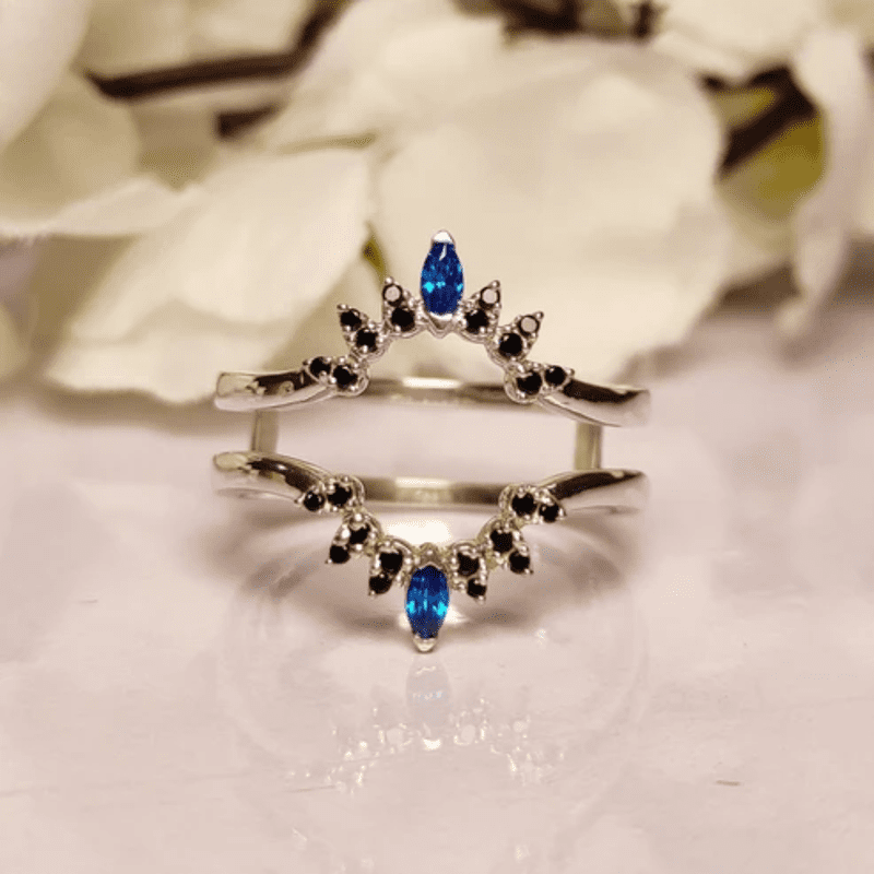 Blue Sapphire and Black Diamond Ring Guard- Delicate Wedding Ring ...