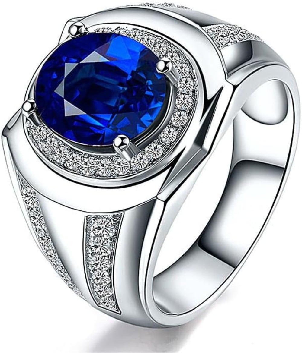 Blue Sapphire for Men 925 Sterling Silver Sapphire Ring with Moissanite ...
