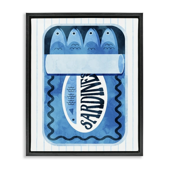 Blue Sardine Tin Over Stripes Black Framed Floater Canvas Wall Art ...