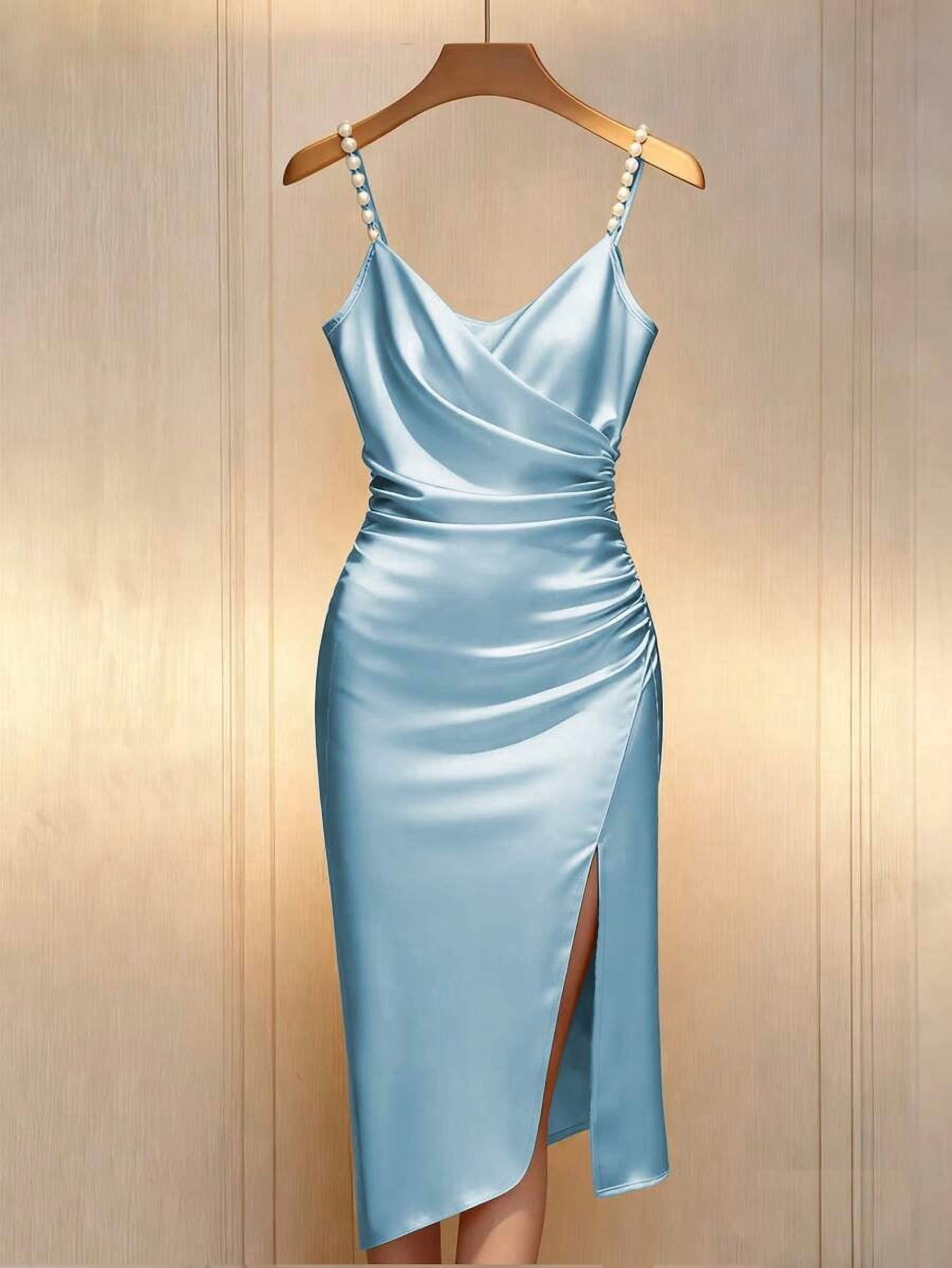 Blue Satin Bodycon Dress With Pearl-Embellished Spaghetti Straps ...