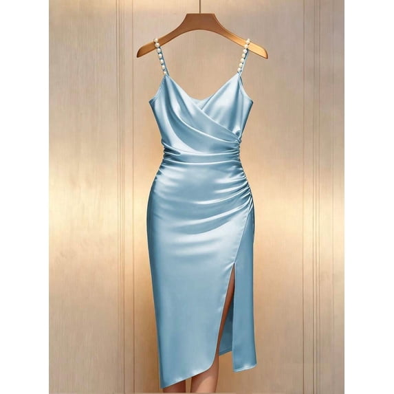 Blue Satin Bodycon Dress With Pearl-Embellished Spaghetti Straps ...