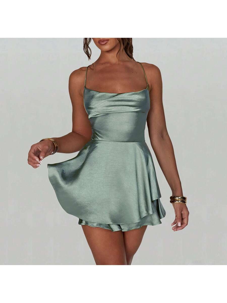 Blue Satin Mini Dress With Spaghetti Straps Cowl Neck Peplum Ruffle Hem ...