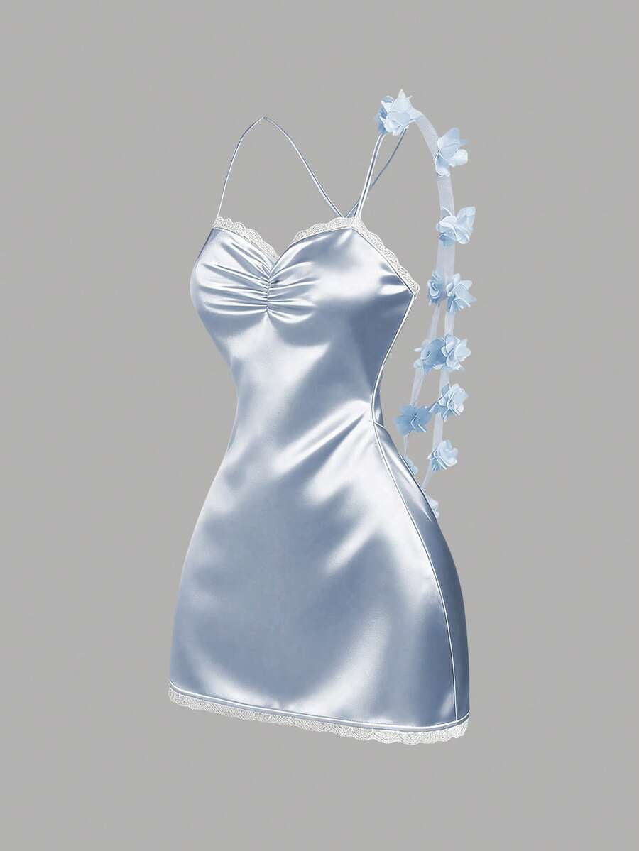 Blue Satin Slip Dress With Lace Trim And Floral Strap Detail - Walmart.com