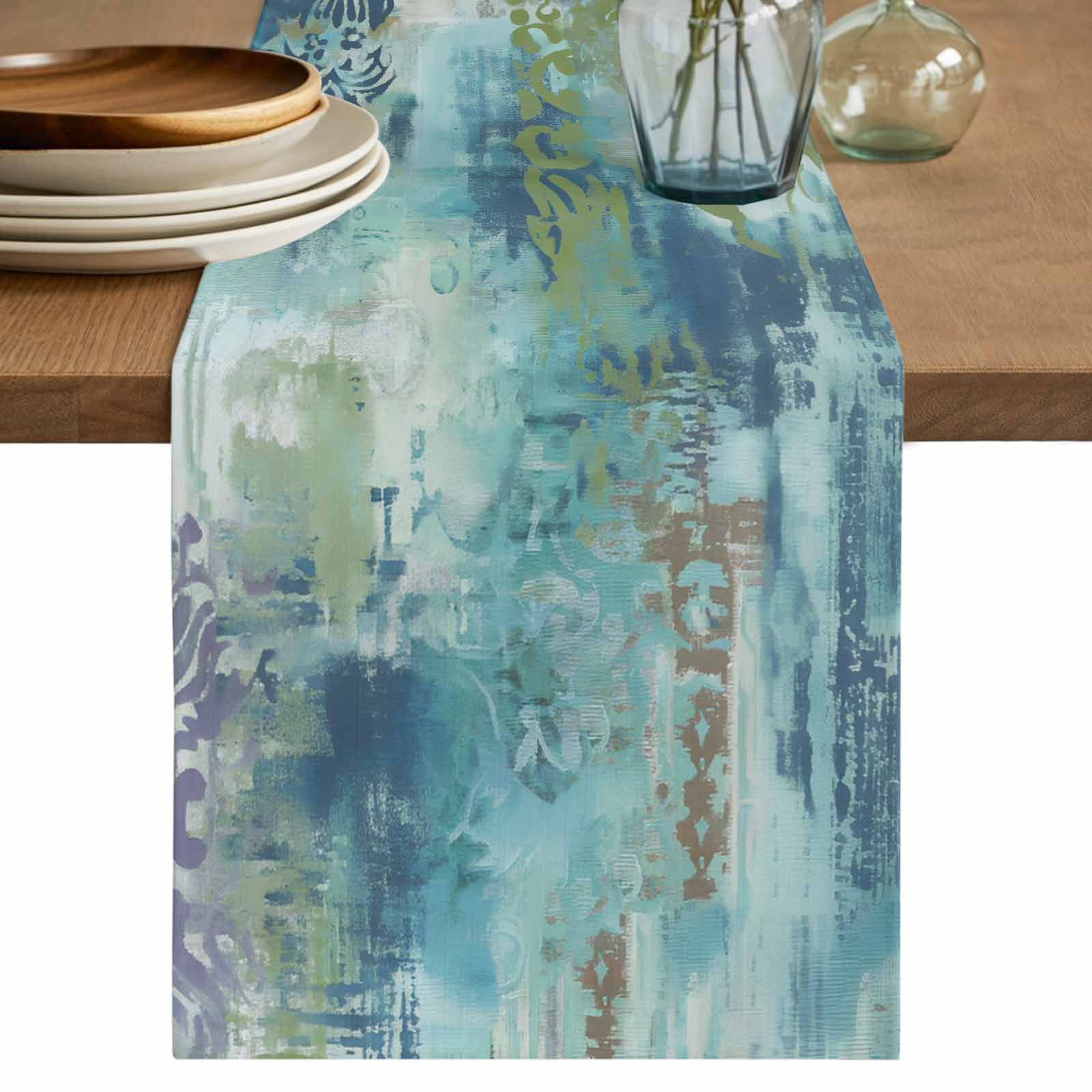 Blue Satin Texture Table Runner, Retro Abstract Green Purple Ethnicity ...