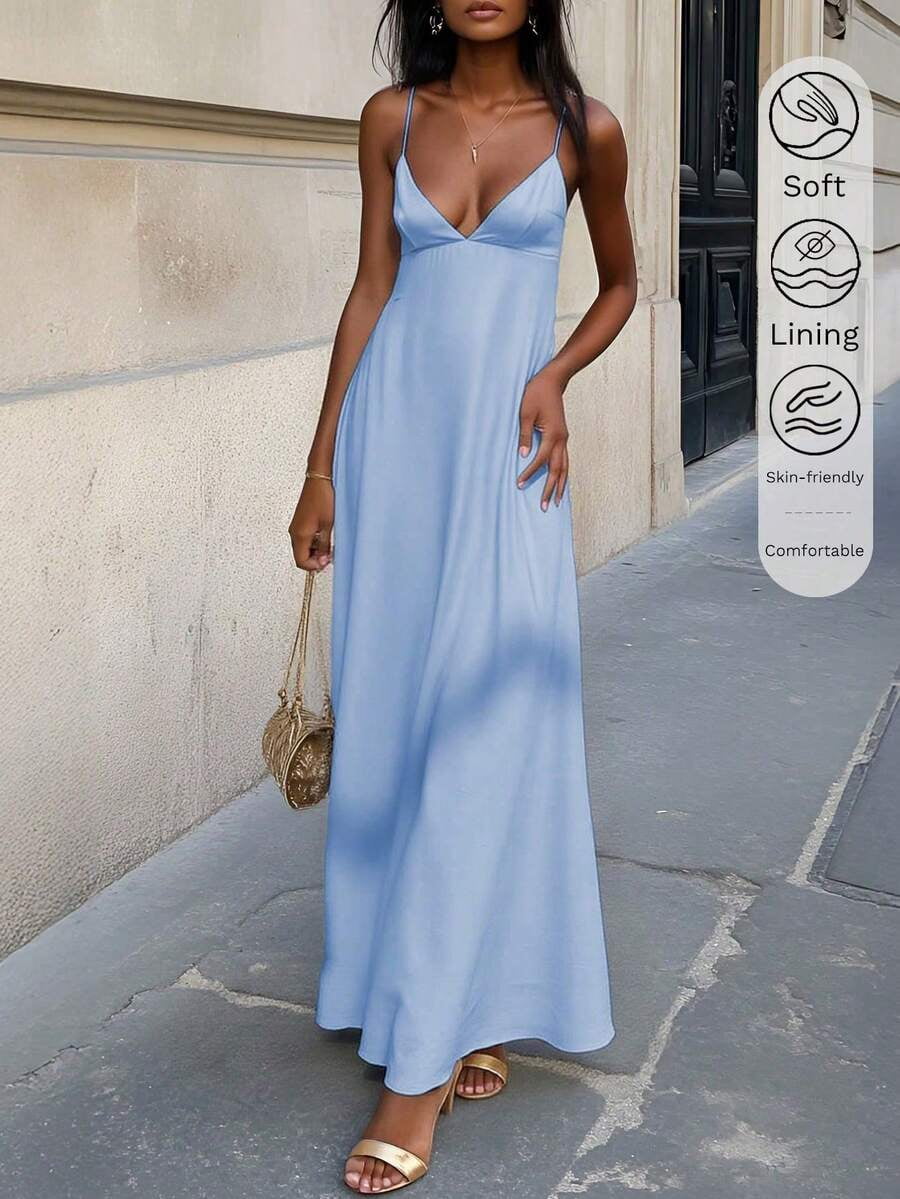 Blue Satin V-Neck Slip Maxi Dress For Summer Evenings, Parties, And ...