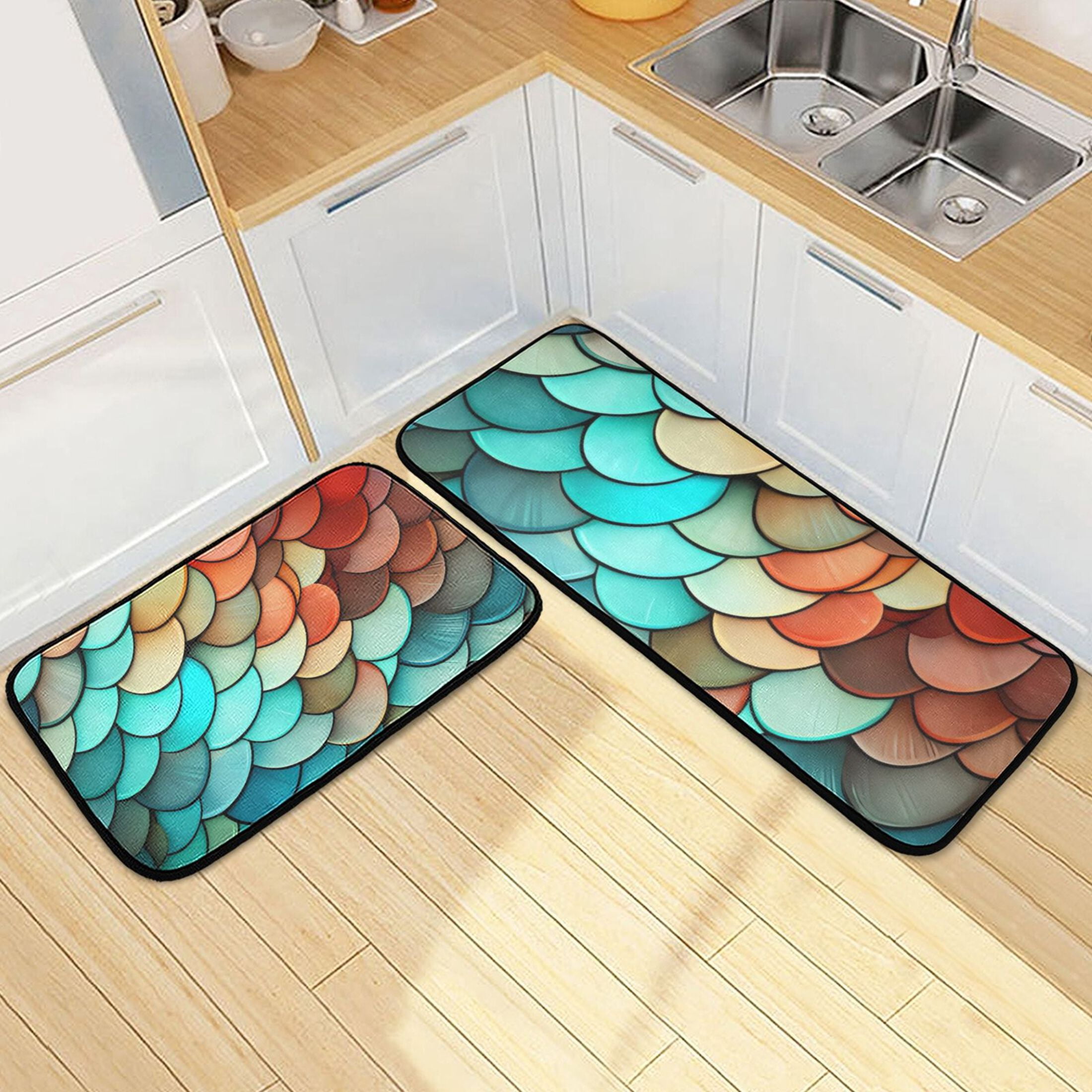 Blue Scales Kitchen Rugs Set of 2 Non Slip Floor Foam Mat Cushioned ...