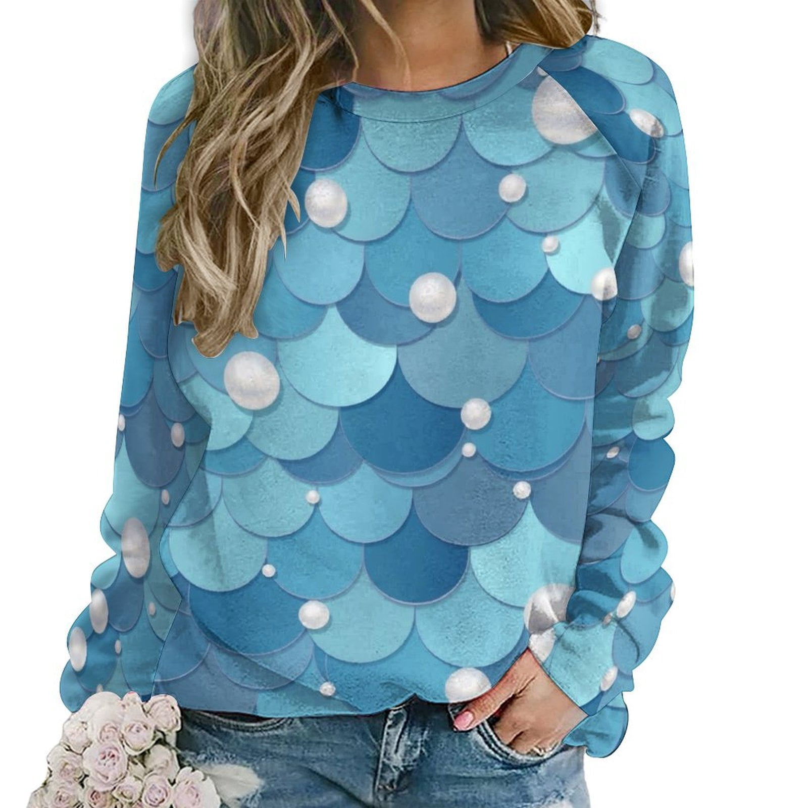 Blue Scales Pearls Hoodie Women Hoodies Sweatshirts Oversized O-Neck ...
