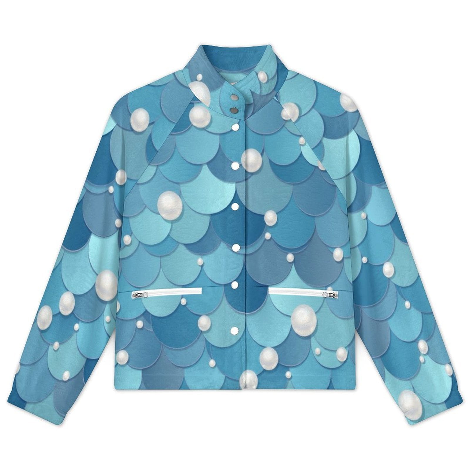 Blue Scales Pearls Warm Women's Plush Jacket Stand Collar Full Sleeve ...