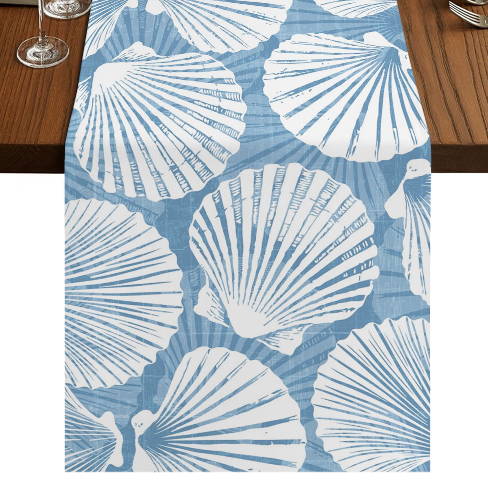 Blue Scallop Coastal Burlap Cotton Table Runner 13x90 Inches Long ...