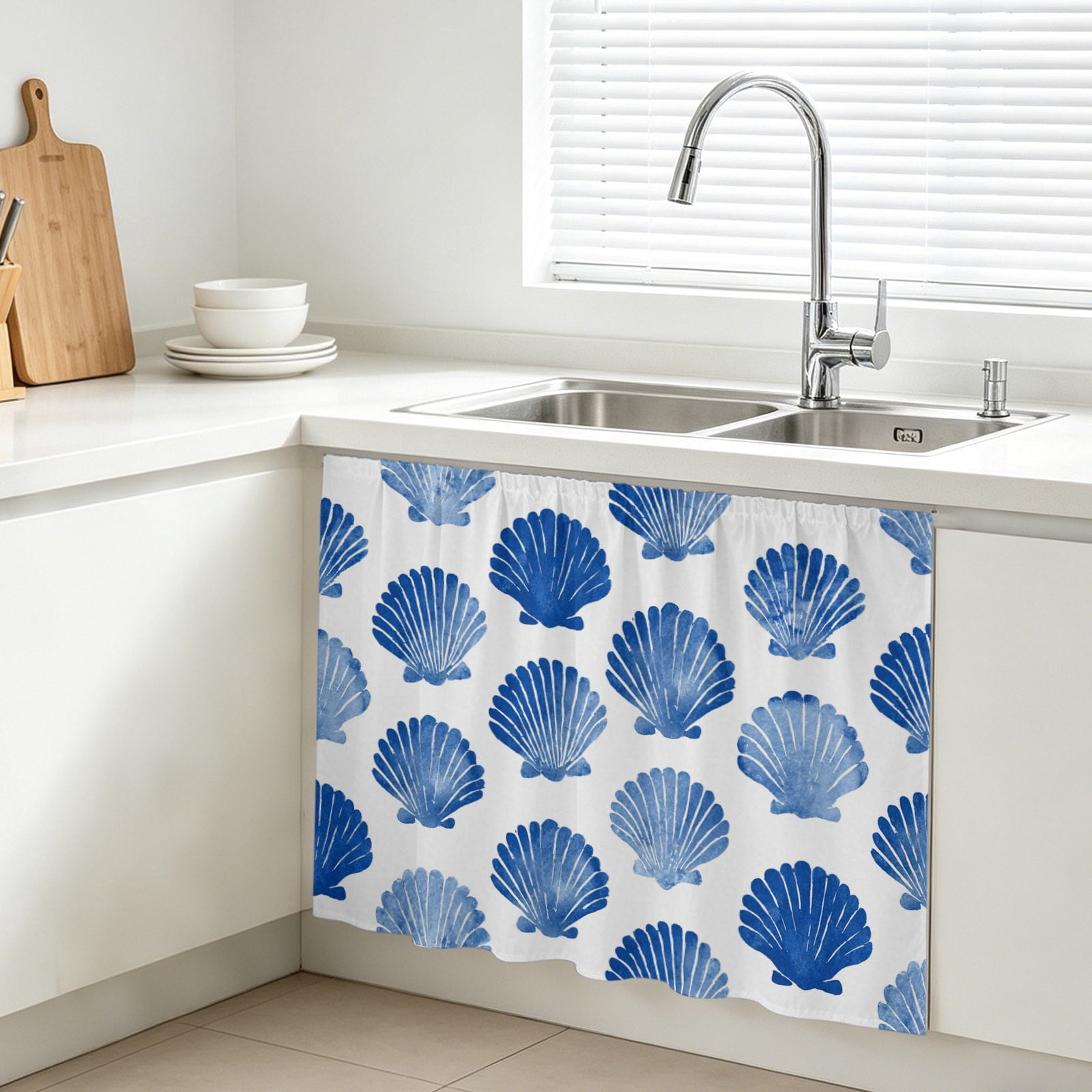 Blue Scallops Shell Cabinet Curtains for Kitchen 28"W x 35"L, Sea Ocean ...