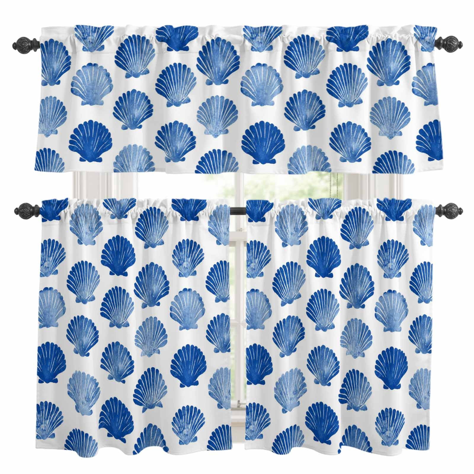 Blue Scallops Shell Kitchen Curtains Set for Windows, Sea Ocean Coastal ...