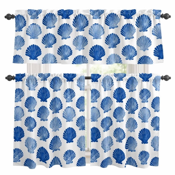 Blue Scallops Shell Kitchen Curtains Set for Windows, Sea Ocean Coastal ...