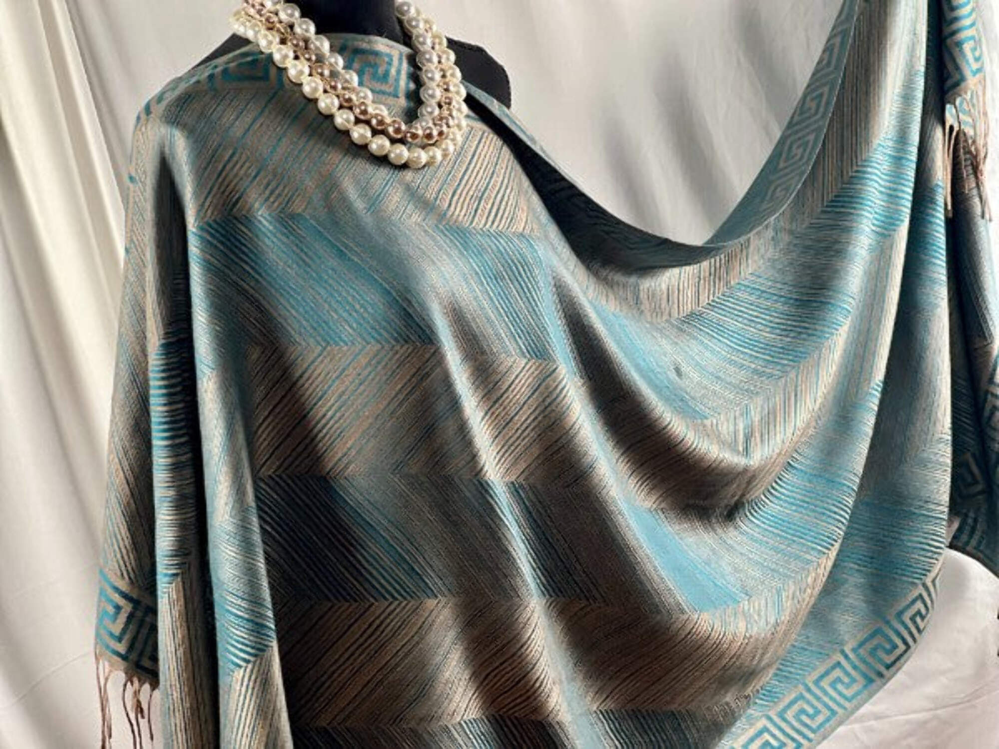 Blue Scarf Shining Scarf Vintage Herringbone Greek Key Border Pashmina ...