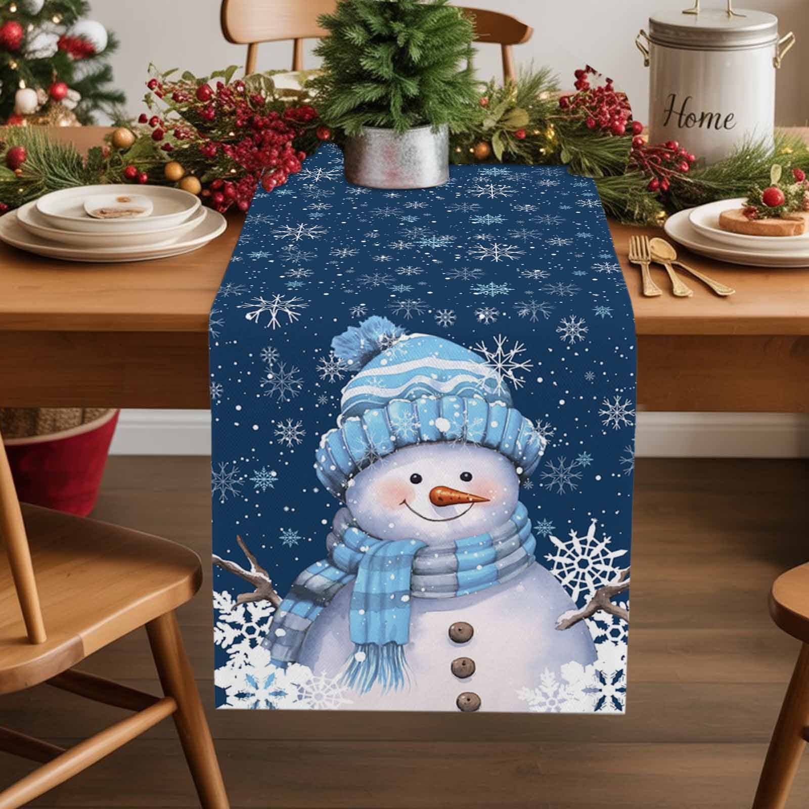 Blue Scarf Snowman with Cap Scarf Cotton Linen Table Runner Christmas ...