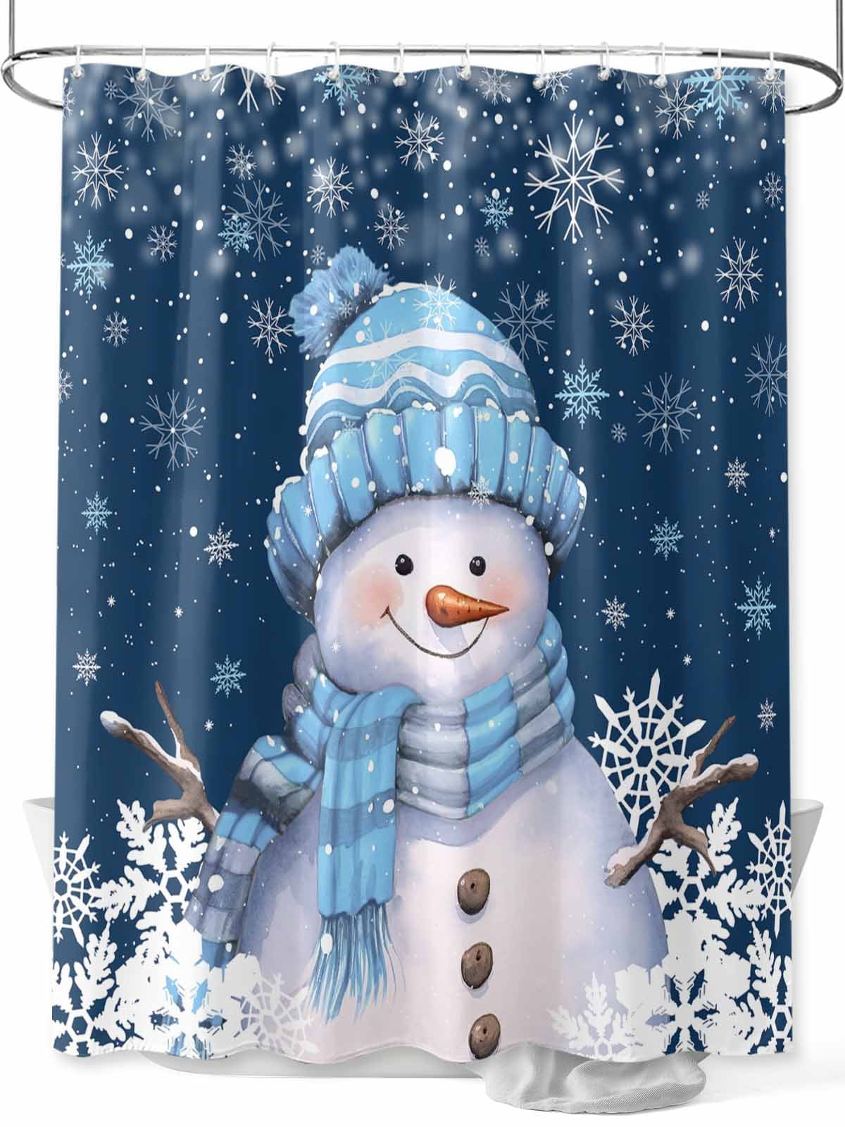 Blue Scarf Snowman with Cap Scarf Shower Curtain Set ，Waterproof Fabric ...