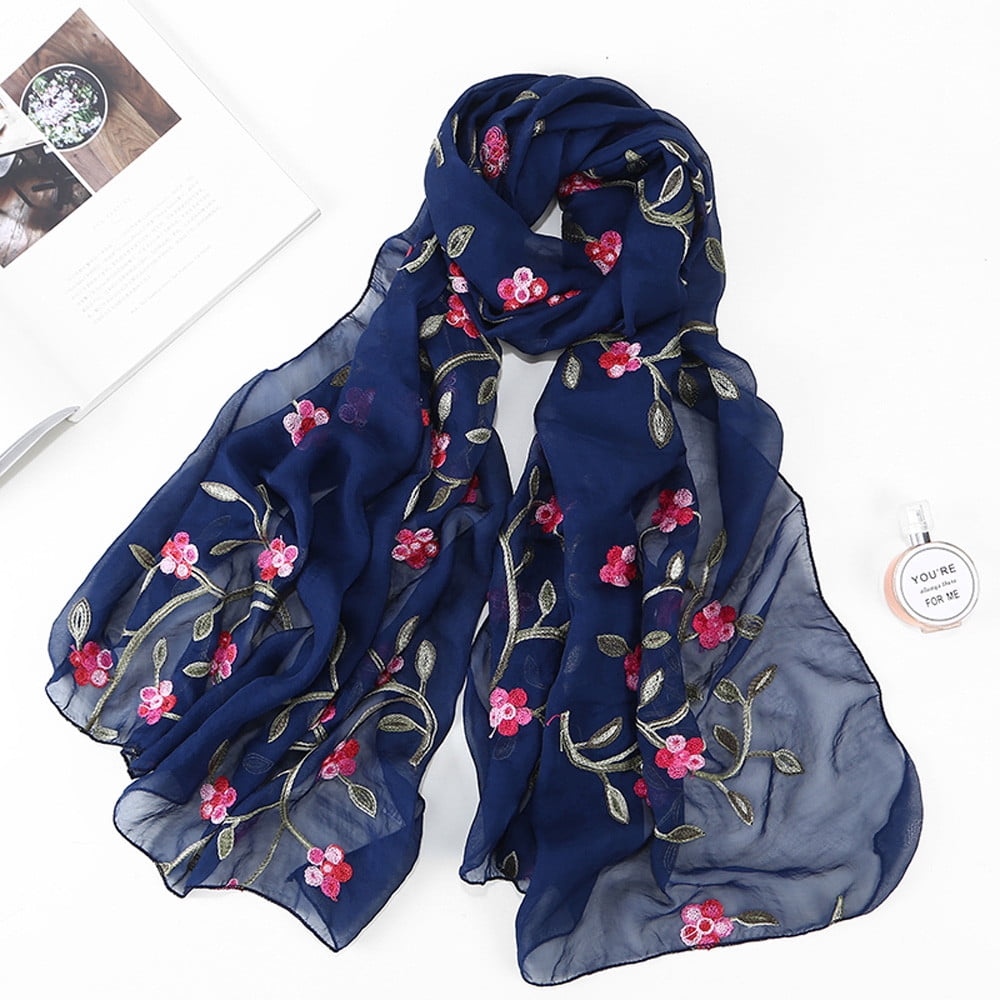 Blue Scarf Women Embroidery Chiffon Scarf Hijab Wrap Shawls Headband ...