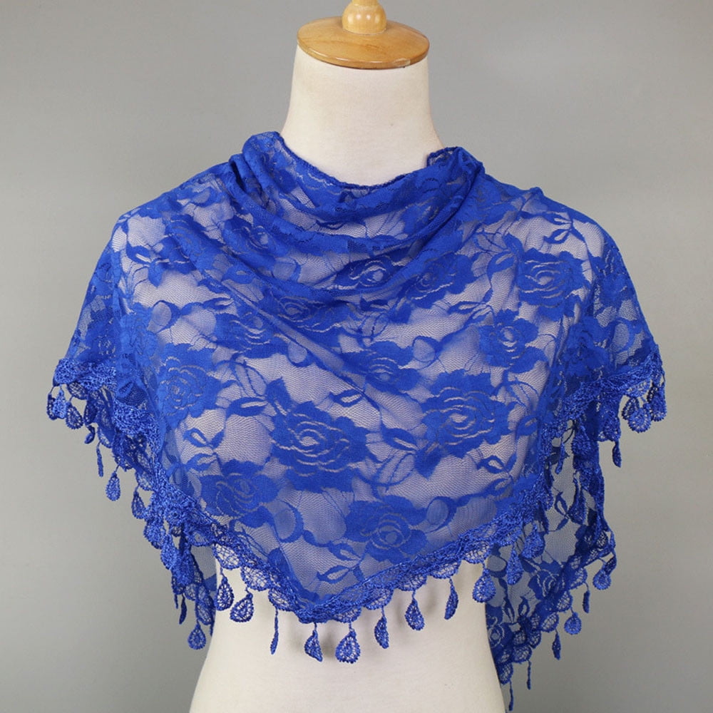 Blue Scarf Women Lace Tassel Rose Floral Hollow Scarf Shawl Lady Wraps ...