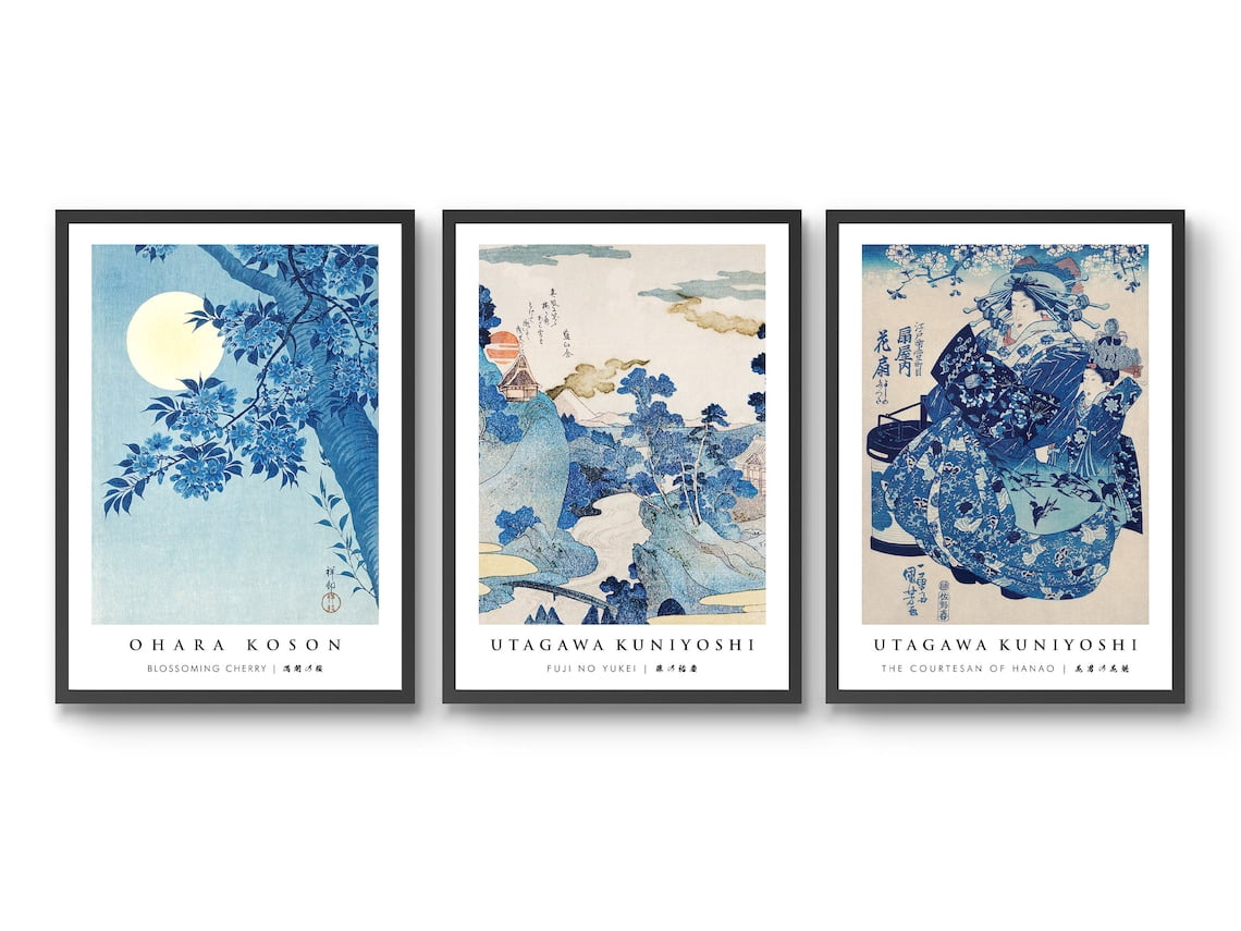 Blue Scenes Traditional Japanese Woodblock Ukiyo-E Floral Geisha Poster ...