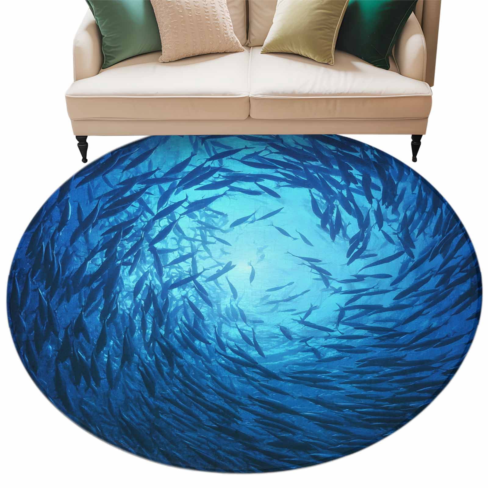 Blue School of Fish Round Rug 8ft Washable Circle Rugs Non Slip Ocean ...
