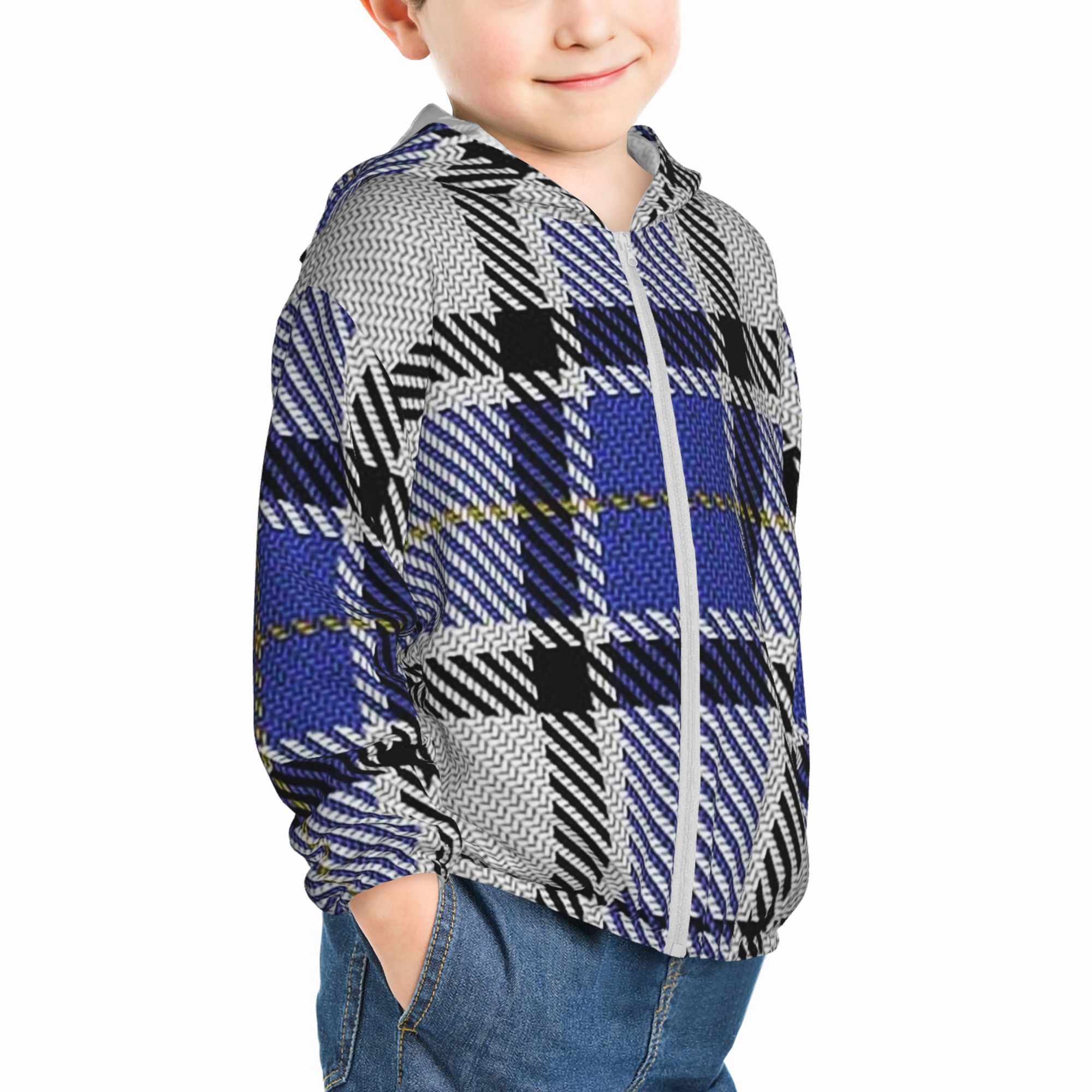 Blue Scotland Scottish Clan Hannay Tartan Plaid Kids Zip-Up Hoodie Girls Boys Sun Protection ...