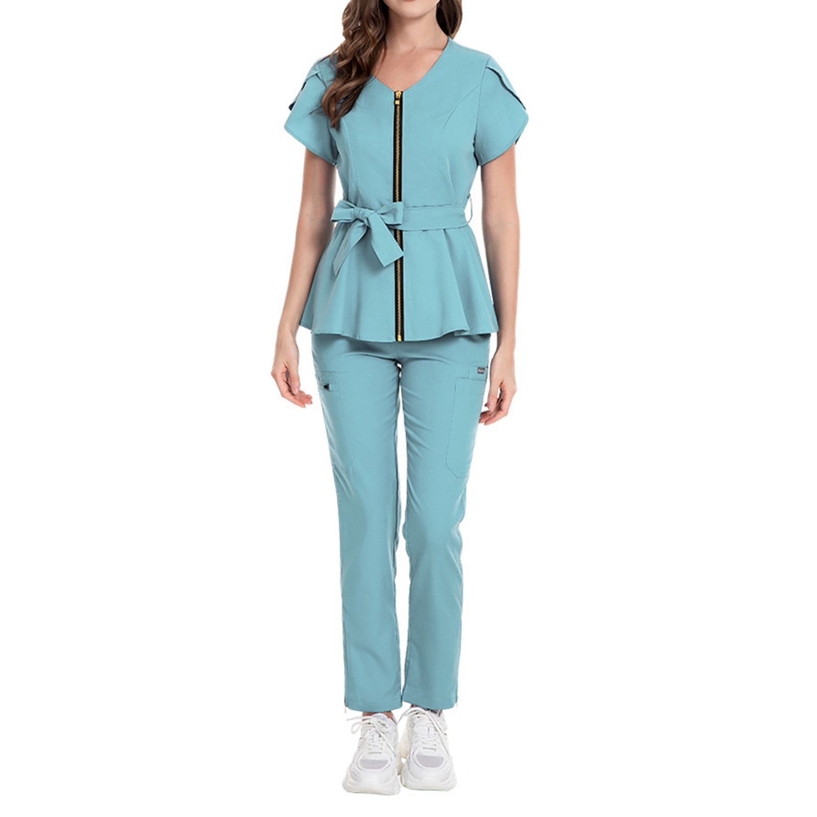 Blue Scrubs Women Set Womens Scrubs Solid Color Tie Waist Short Sleeve ...
