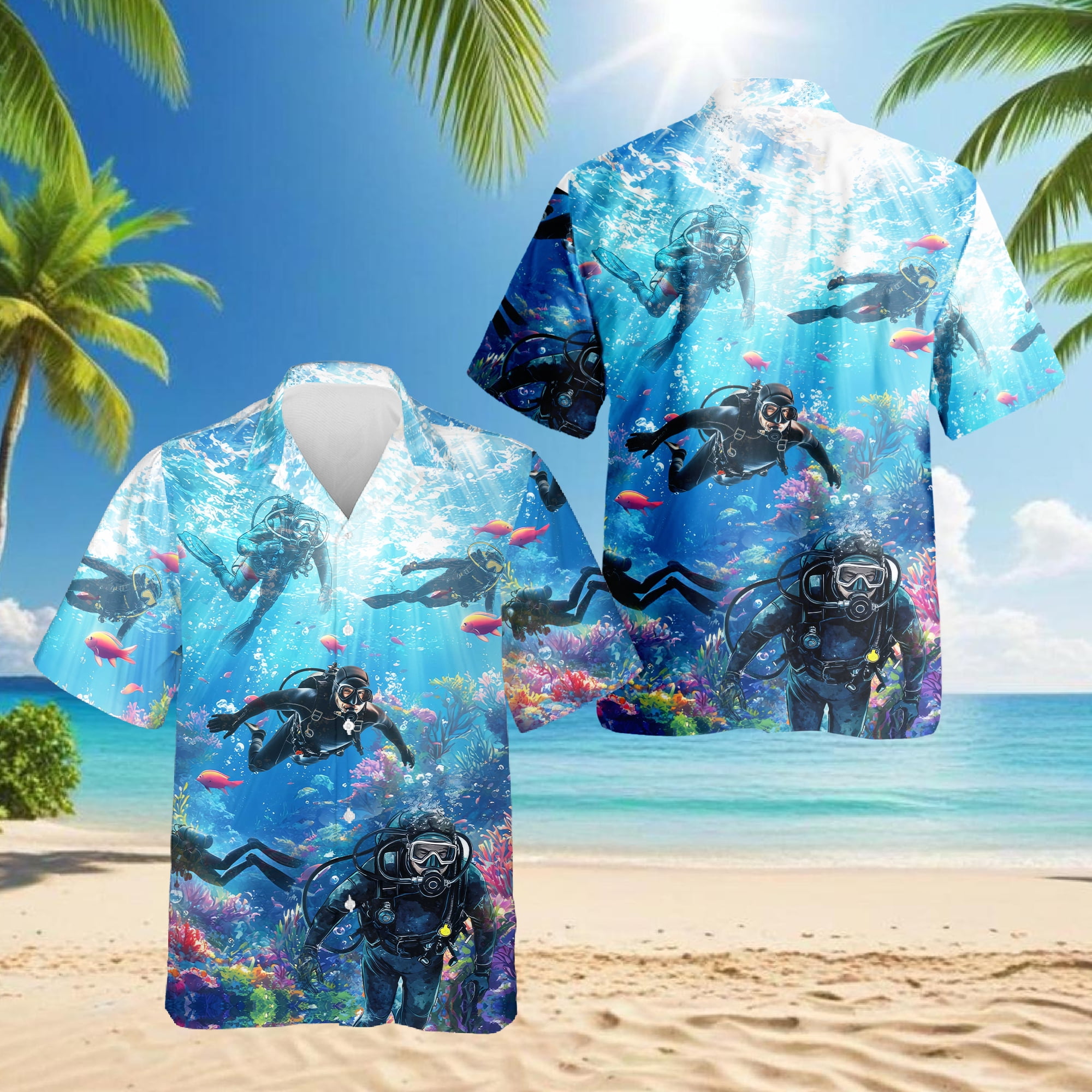 Blue Scuba Diving And Coral Reefs Hawaiian Shirt for Men, Button Down ...