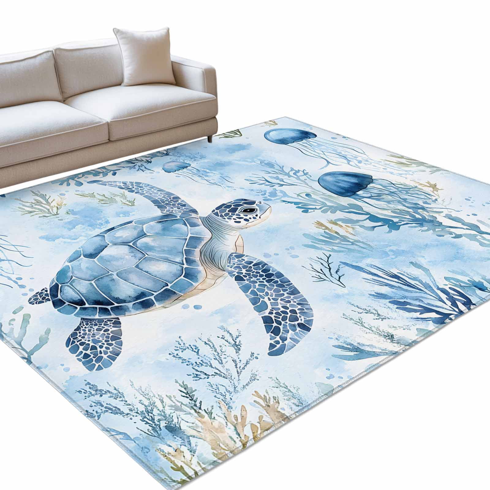 Blue Sea Area Rugs 4x6ft Turtles Jellyfish Corals Marine Life Summer ...